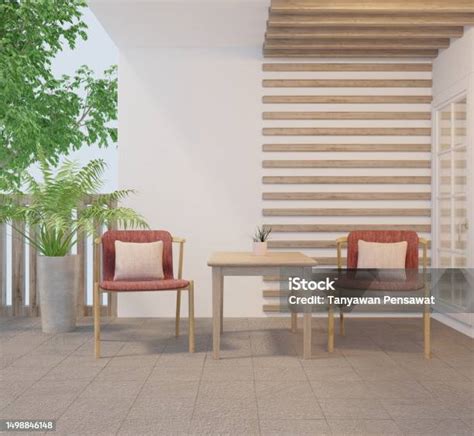 2층 거실 바깥의 발코니 칸막이가 있는 흰색 벽 타일 바닥의 라운지 의자 세트3d 렌더링 0명에 대한 스톡 사진 및 기타 이미지