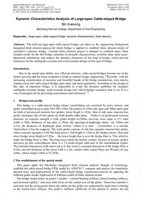 Dynamic Characteristics Analysis Of Large Span Cable Stayed Bridge Scientificnet