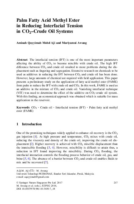 Pdf Palm Fatty Acid Methyl Ester In Reducing Interfacial Tension In