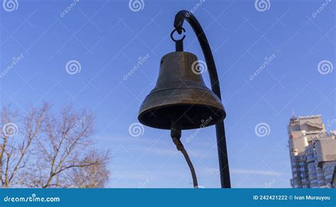 Old Skool Bronze Fire Bell On The Classic Blue Sky Background Alarm