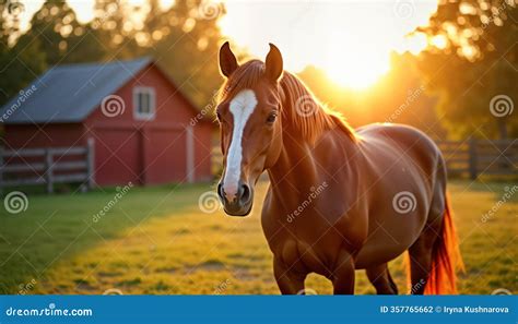 Beautiful Brown Horse Stands In Paddock At Golden Hour Sunlight
