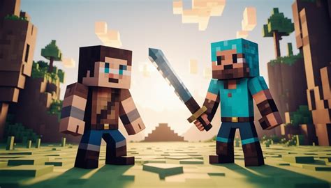 Minecraft Block Two Different Skin Players Are Adventuring Has Pixelated Pickaxe And Pixelated