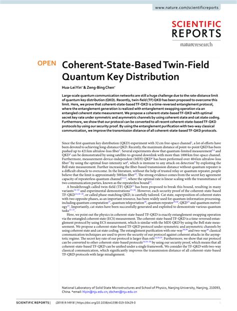 Pdf Coherent State Based Twin Field Quantum Key Distribution