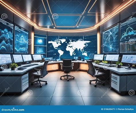 A Modern High Tech Control Room With Glowing Screens And A Central World Map Display Royalty