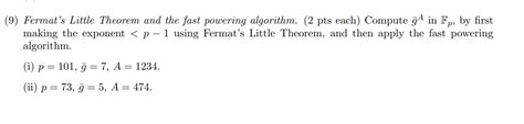 Solved 9 Fermats Little Theorem And The Fast Powering