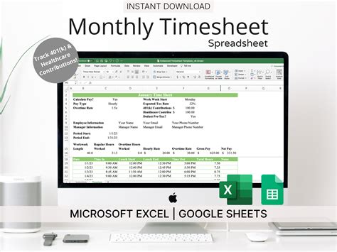 Enhanced Monthly Timesheet Template For Microsoft Excel Google Sheets Green Track Hours Worked