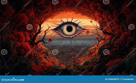 Otherworldly Surreal Eye Merging With Vibrant Fall Foliage Blurring Line Between Reality Stock