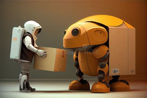 Person Receiving Package From Unique And Futuristic Robot Courier