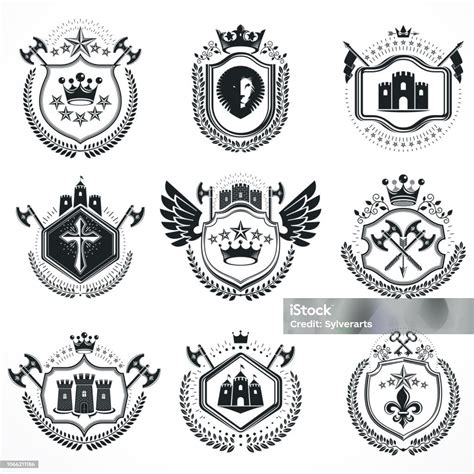 문장 학 디자인 벡터 빈티지 엠 블 럼 팔의 외 투 컬렉션 벡터 세트입니다 골동품에 대한 스톡 벡터 아트 및 기타 이미지 골동품 기독교 날기 Istock