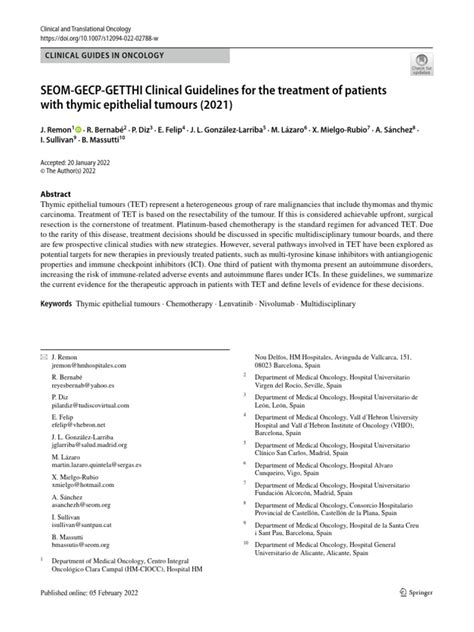 Seom Gecp Getthi Clinical Guidelin Thymic Epithelial Tumours 2021 Cto