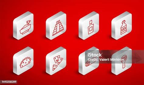 마라카스 마야의 치첸이트사 데킬라 병 부리또 나초 그릇 또띠아 아이콘이 있는 타코를 설정합니다 벡터 3차원 형태에 대한 스톡