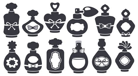 격리된 향수병 세트 다양한 유리 패키지에 담긴 아로마 에센스 향수 실루엣 우아한 모양 라벨 리본 로고 화장품 산업을 위한 손으로 그린 디자인 벡터 0명에 대한 스톡 벡터