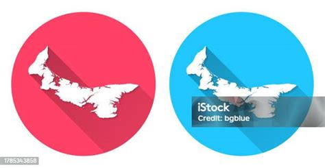 프린스 에드워드 아일랜드 지도 빨간색 또는 파란색 배경에 긴 그림자가 있는 둥근 아이콘 프린스 에드워드 아일랜드에 대한 스톡 벡터 아트 및 기타 이미지 프린스 에드워드