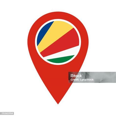 흰색 배경에 고립된 세이셸 국기를 가진 정확한 벡터 아이콘입니다 웹 사이트 Gps 네비게이터 앱에 대한지도 포인터 기호 평면 디자인의 그림입니다 위치 마커 지도의 지리적