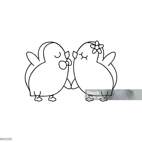 사랑에 빠진 귀여운 펭귄 커플은 하얀 배경에 고립되어 있다 어린이를 위한 색칠하기 책 발렌타인 데이 벡터 일러스트레이션 개요 스타일입니다 0명에 대한 스톡 벡터 아트 및
