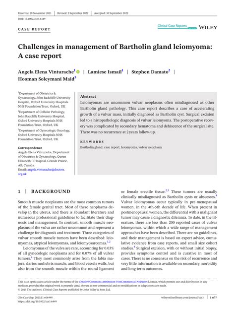 Pdf Challenges In Management Of Bartholin Gland Leiomyoma A Case Report