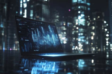 Laptop Showing Live Candlestick Charts And Financial Data In A Nighttime Office Suggesting