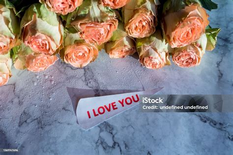 나는 당신에게 텍스트 인사말 카드 종이 노트를 사랑 해요 대리석 배경에 섬세한 오렌지 장미 최소한의 트렌디 한 구성 로맨틱 한 파스텔 장미 꽃 발렌타인 데이와 사랑 개념 2