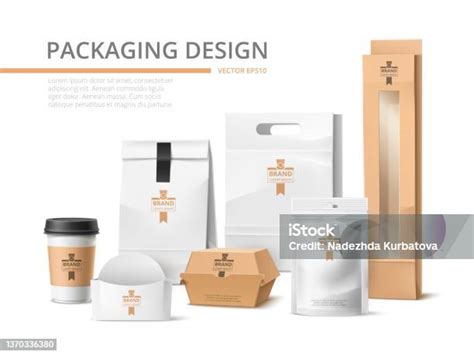 테이크 아웃 포장 Id 디자인 현실적인 브랜드 배달 음식 가방 상자 와 컨테이너 종이 거리 식사 팩 모형 봉지와 컵 파우치 팩