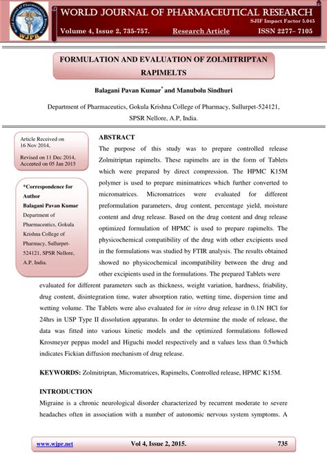 Pdf Formulation And Evaluation Of Zolmitriptan Rapimelts
