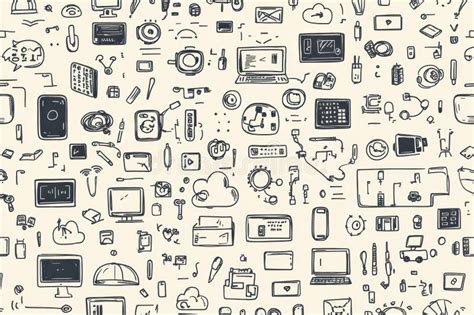Hand Drawn Doodles Showcase Various Technology Items Like Laptops Smartphones And Coding