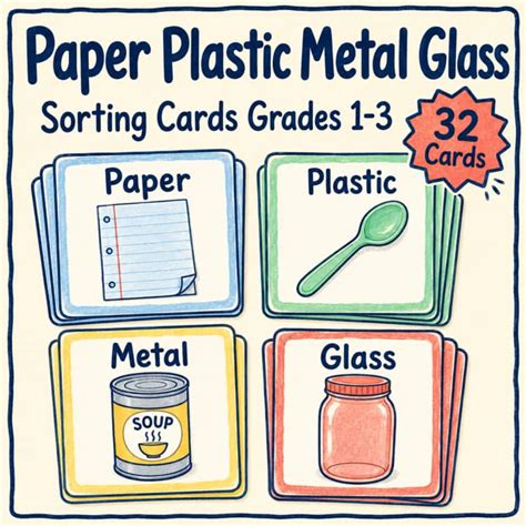 Paper Plastic Metal Glass Sorting Cards Grades 1 3 Science Center