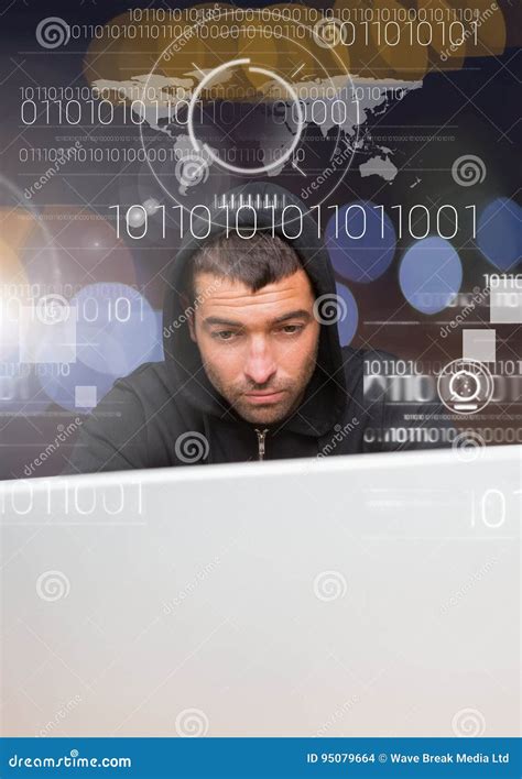 Close Up Of Hacker Using A Laptop Behind A Digital Screen Stock Photo Image Of Binary