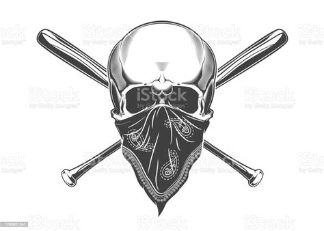 빈티지 흑백 두개골 반다나 와 교차 야구 박쥐 그림 격리된 벡터 템플릿 야구 방망이에 대한 스톡 벡터 아트 및 기타 이미지
