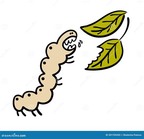 Voracious Hungry Caterpillar Opened Its Mouth And Attacked Green Leaves