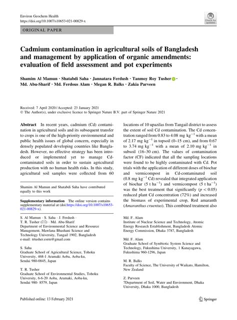 (PDF) Cadmium contamination in agricultural soils of Bangladesh and management by application of ...