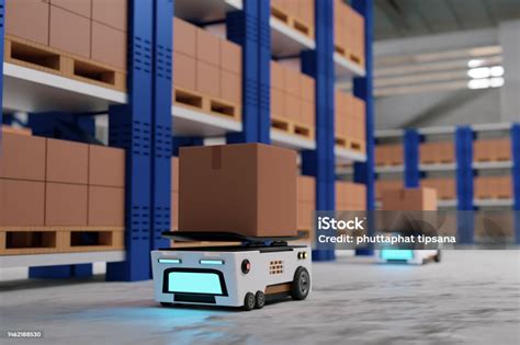 지능형 로봇 기술 운송 공장 개념 산업 40 스마트 차량 자율 로봇 Agv 창고 물류 및 운송 공장에서 판지 상자 생산 3d 렌더링 그림 3차원 형태에 대한 스톡 사진 및