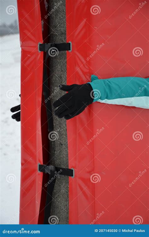 Foam Barrier On A Pole Near The Ski Slope The Protective Mattress