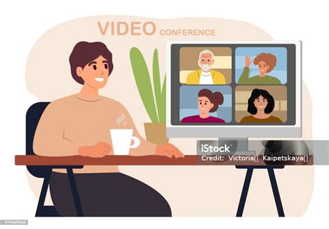 집단 가상 회의 및 그룹 화상 회의를 위해 컴퓨터를 사용하는 작업자 Brand Name Smart Phone에 대한 스톡 벡터 아트 및 기타 이미지 Brand Name