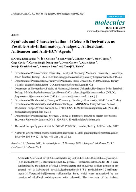 Pdf Synthesis And Characterization Of Celecoxib Derivatives As Possible Anti Inflammatory