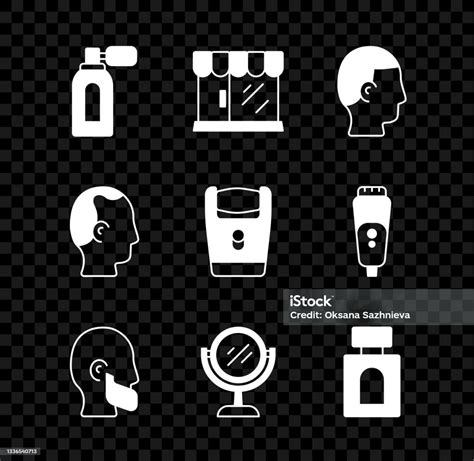 분무기 이발소 건물 남성헤어스타일 콧수염과 수염 핸드 미러 대머리 전기 면도날 아이콘이 있는 애프터쉐이드를 설정합니다 벡터 거울에 대한 스톡 벡터 아트 및 기타 이미지