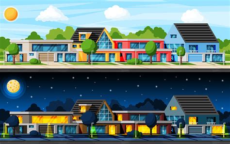 rumah suburban modern siklus siang dan malam ilustrasi stok unduh