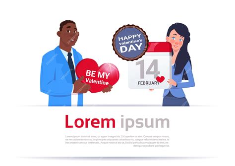 해피 발렌타인 데이 개념 젊은 커플 템플릿 배경 위에 심장 모양 카드 및 캘린더 페이지를 들고 프리미엄 벡터