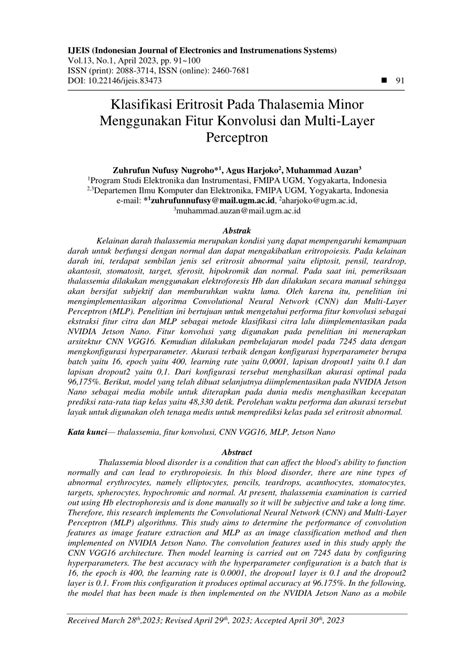 Pdf Klasifikasi Eritrosit Pada Thalasemia Minor Menggunakan Fitur