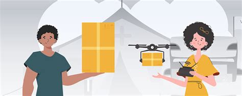 인도주의적 원조 개념 무인 항공기가 소포를 운반하고 있습니다 골판지 상자를 가진 남자와 여자 트렌디 한 스타일 벡터 군사에 대한 스톡 벡터 아트 및 기타 이미지 Istock