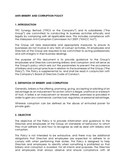 Anti Bribery And Corruption Policy Pdf Bribery Whistleblower