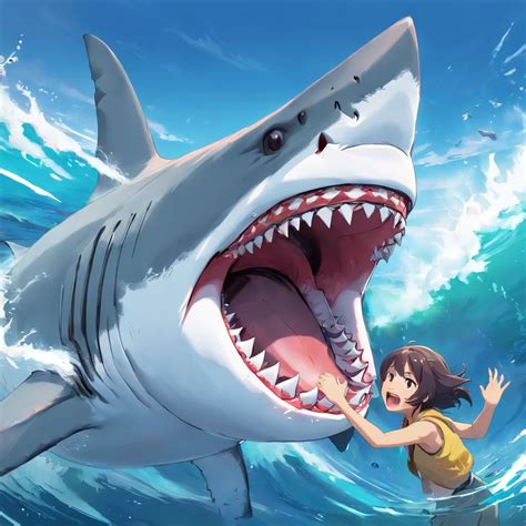 ฉลามขาวยักษ์ที่ถูกพัดขึ้นมาจากน้ำ，บิ๊กอ้าปาก，ขาด ๆ หาย ๆ，การ์ตูน Seaart Ai