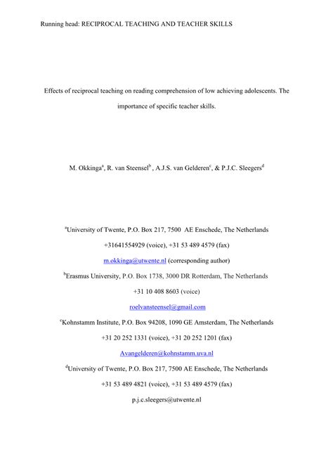 Reciprocal Teaching And Teacher Skills Effects Of Docslib