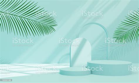 파스텔 블루 연단은 야자수 잎 요소 그늘 및 자연 채광과 제품 프리젠 테이션3d 렌더링 일러스트레이션 0명에 대한 스톡 사진 및 기타 이미지 Istock