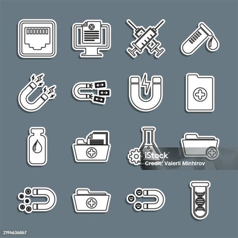 라인 Dna 연구 검색 건강 기록 폴더 임상 교차 주사기 돈이 있는 자석 번개 네트워크 포트 케이블 소켓 및 아이콘을 설정합니다 벡터 자기장에 대한 스톡 벡터 아트 및 기타