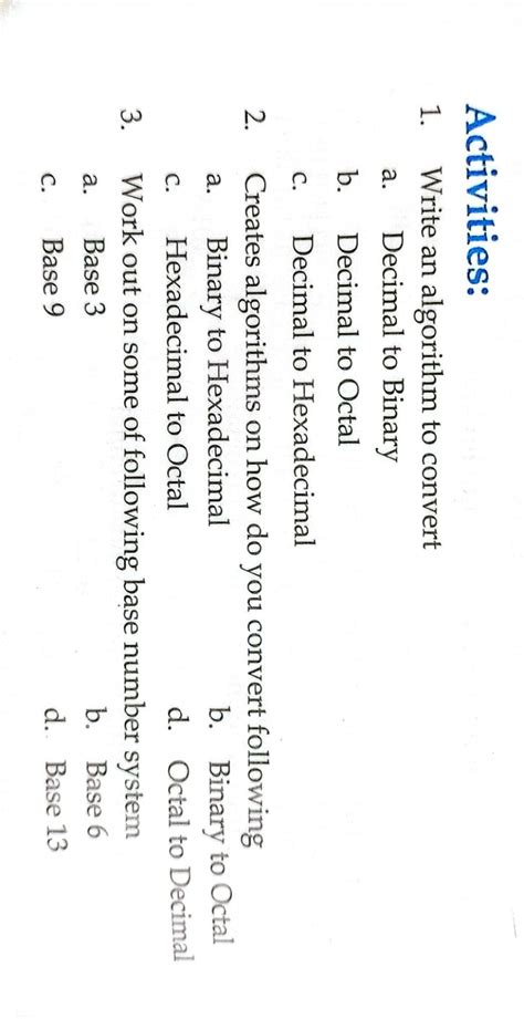 Activities1 Write An Algorithm To Converta Decimal To Binaryb Deci