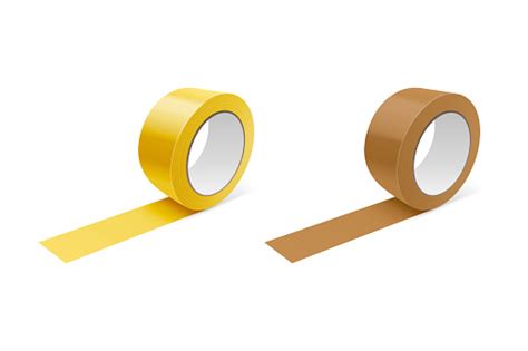 벡터 3d 현실적인 광택 노란색과 갈색 테이프 롤 아이콘 세트 흰색 배경에 격리된 모형 근접 촬영 모형을 위한 접착 테이프 롤 또는 접착 테이프를 포장하는 디자인