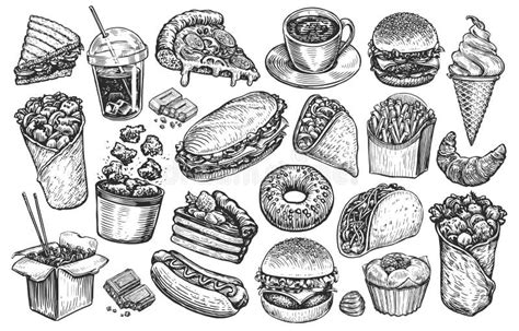 Food And Drinks Illustration Set Hand Drawn Items Collection In Sketch Style For Design Menu Of
