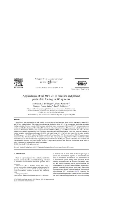 Pdf Applications Of The Mfi Uf To Measure And Predict Particulate Fouling In Ro Systems