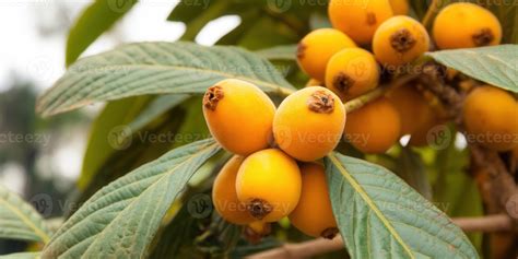 A Branch Laden With Ripe Golden Loquat Fruit Captured In A Close Up