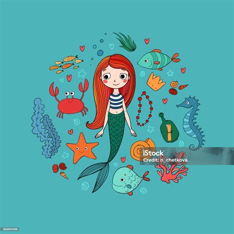 해양 그림을 설정합니다 작은 귀여운 만화 인 어 재미 있는 물고기 불가사리 메모 조류와 함께 병 다양 한 조개와 게 바다